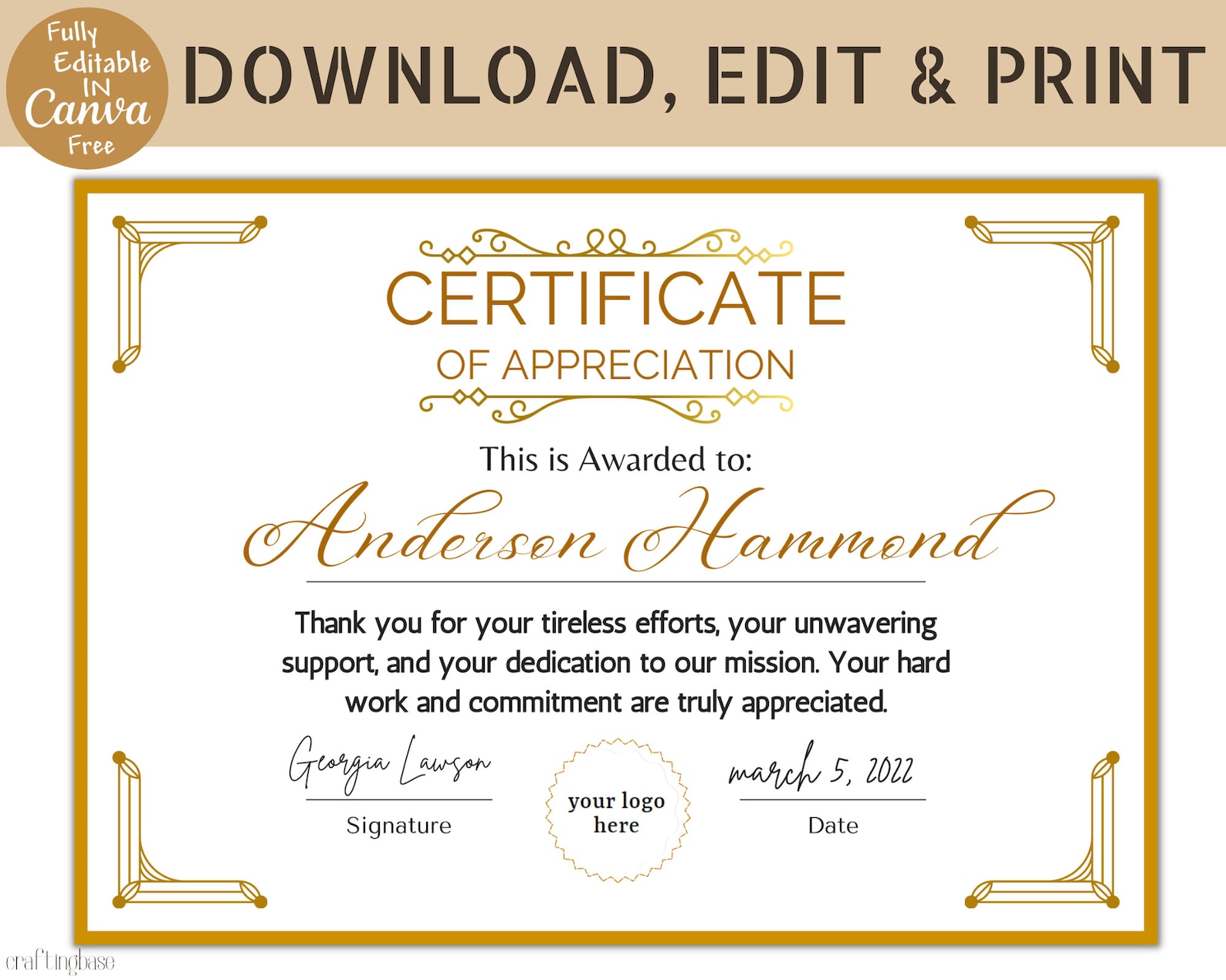 Certificate of Appreciation Template, Editable Appreciation Certificate ...