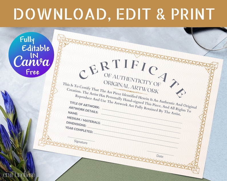 Editable Certificate of Authenticity for Artwork, Artwork Certificate ...