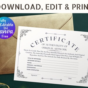 Editable Certificate of Authenticity for Artwork, Artwork Certificate ...