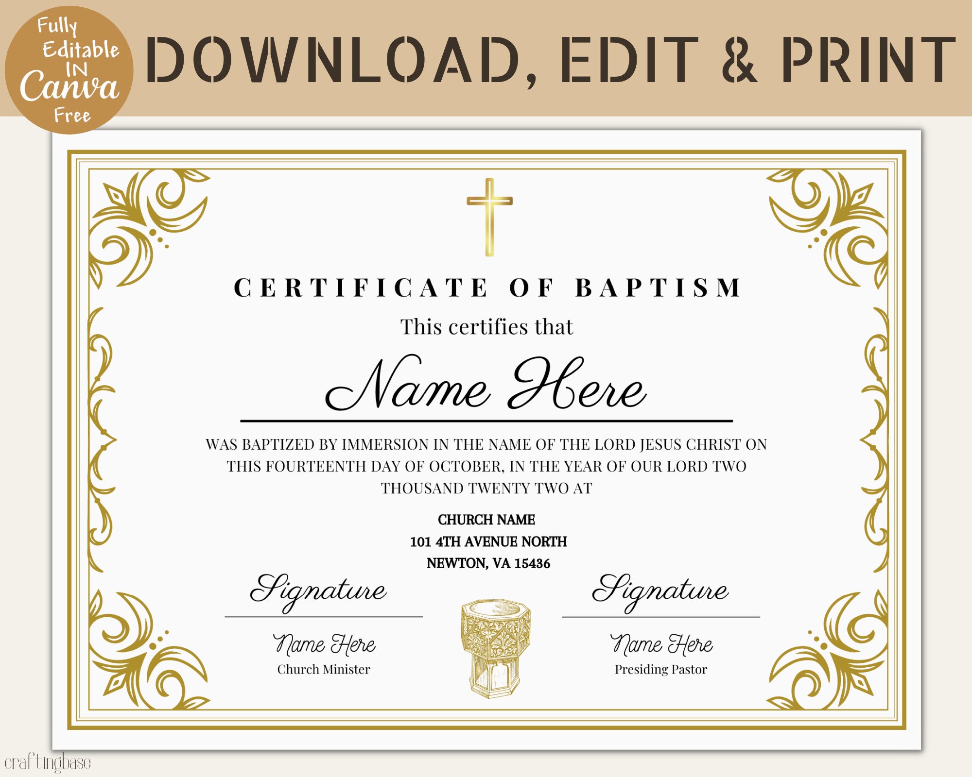 Editable Certificate Of Baptism Template Baptism Certificate Canva