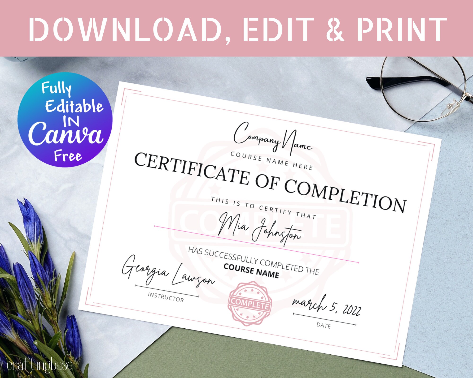 Certificate of Completion Template, Editable Course Certificate ...