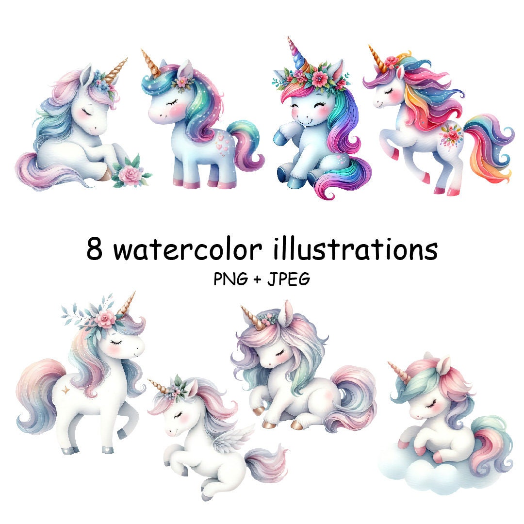 Enchanting Watercolor Unicorn Clipart Bundle for Commercial Use. Ideal ...