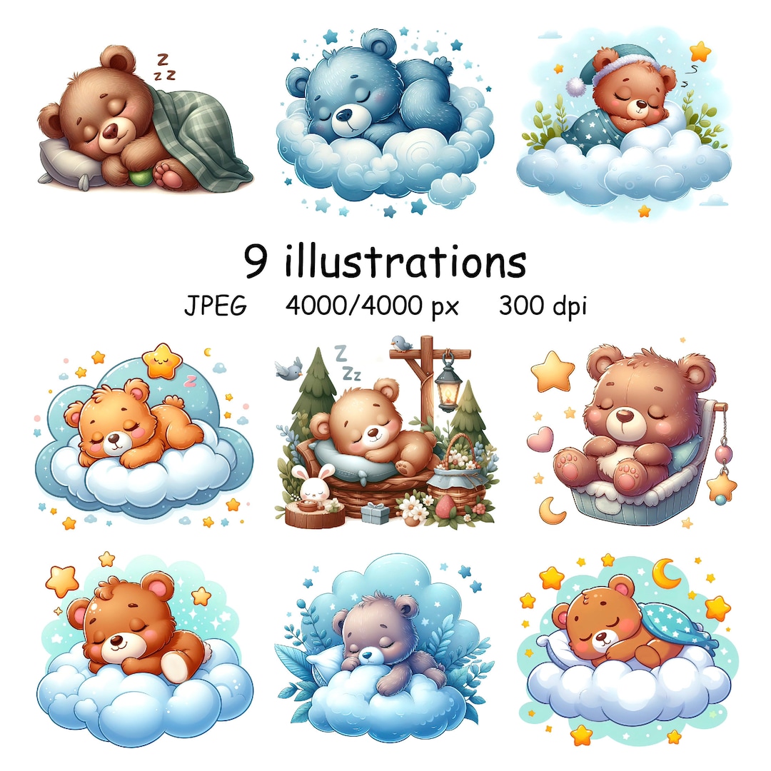 Snuggly Snooze Bears Clipart Set Cute Sleeping Teddy Bear Illustrations ...