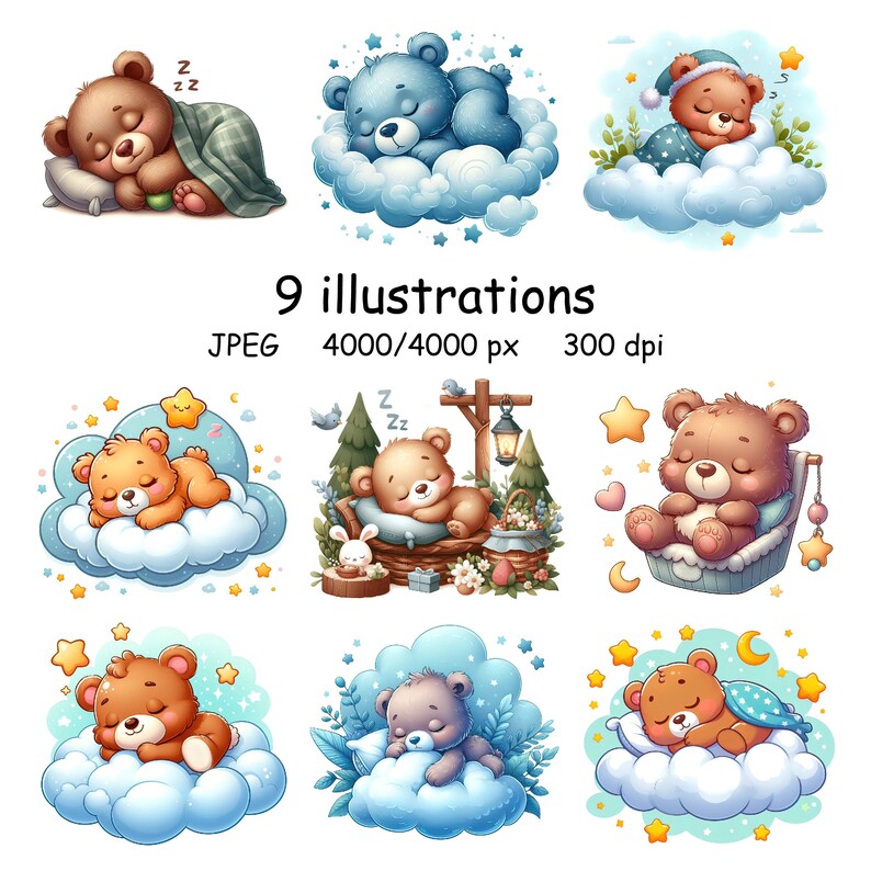 Snuggly Snooze Bears Clipart Set - Cute Sleeping Teddy Bear ...