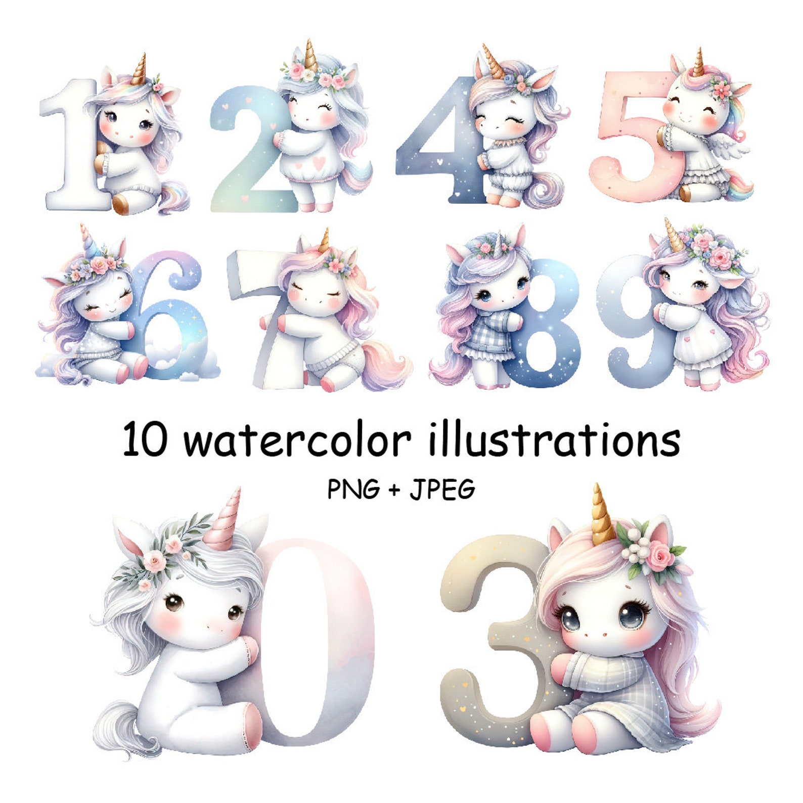 Unicorn Cliparts With Numbers From 0 to 9. Perfect for Kids' Projects ...