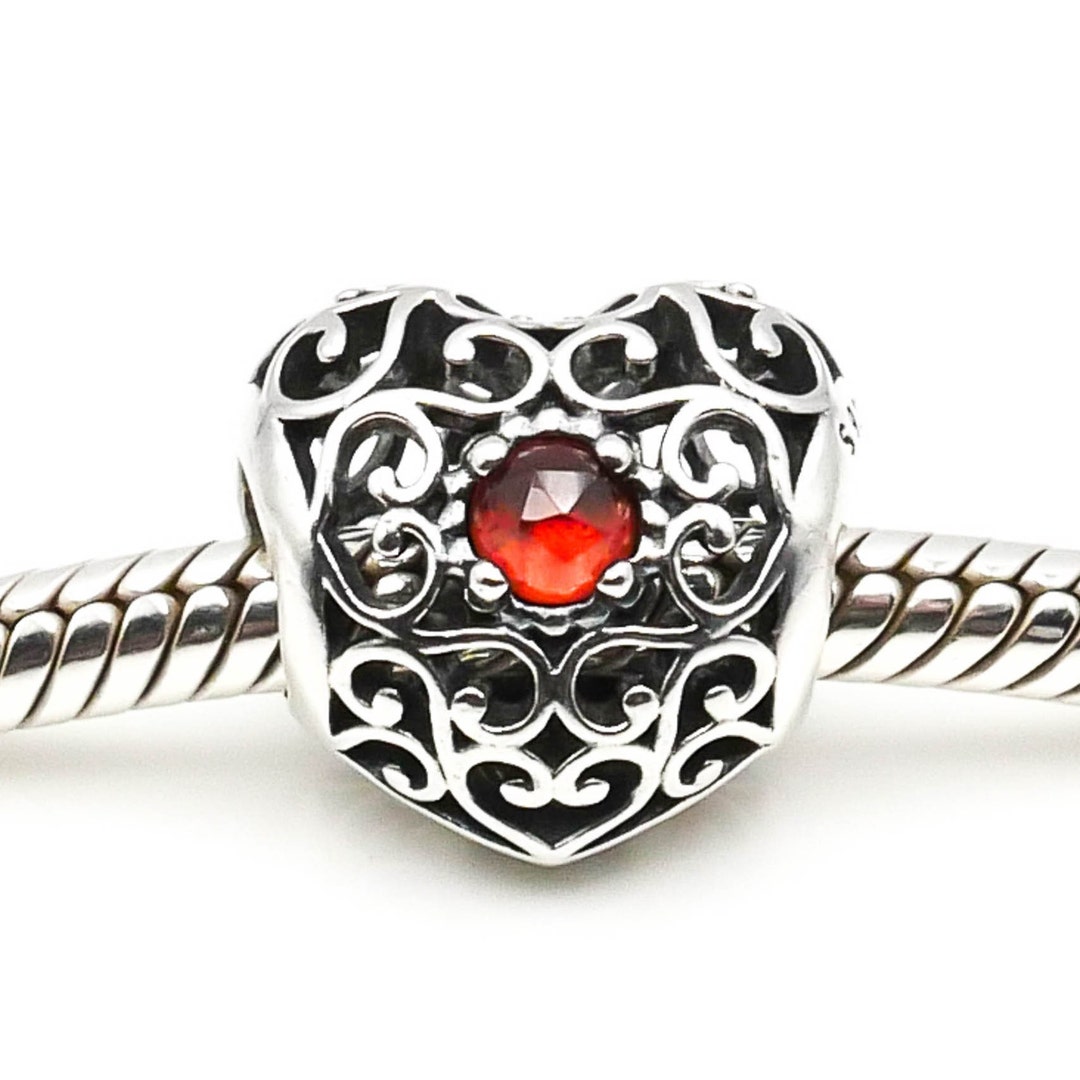 PANDORA January Signature Sterling Silver Heart Charm With Garnet - Etsy