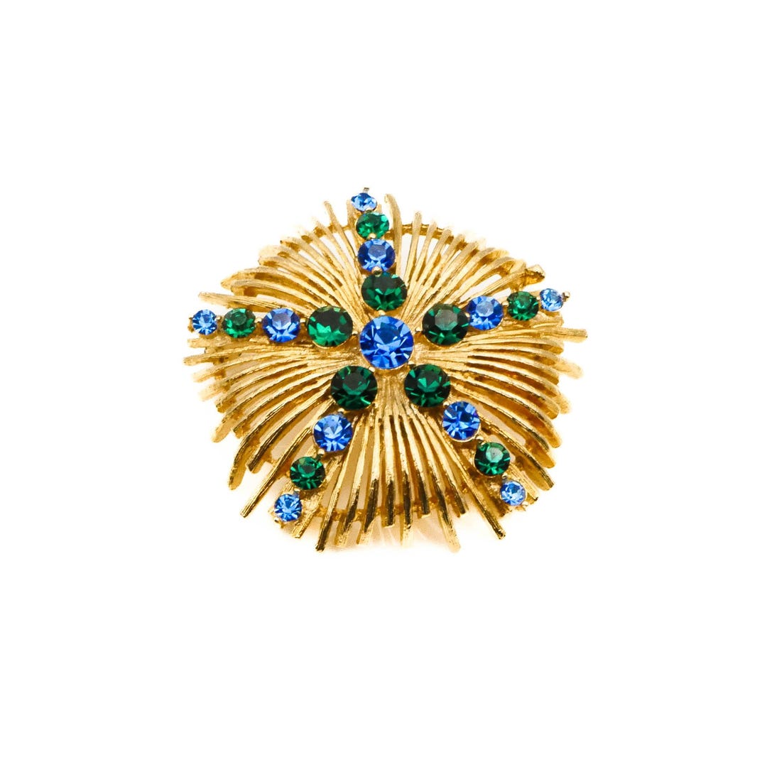 Vintage Gold Plated Signed Lisner Brooch Pin With Blue Green ...