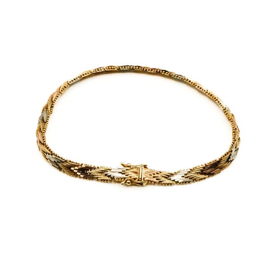 14k Tri-Color Gold Solid Riccio Link Men's Bracelet - Gem