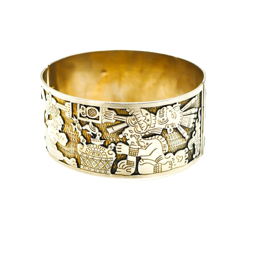 Vintage Guatemala, Mayan, Aztec 7.5-inch Sterling Silver Bangle Cuff ...
