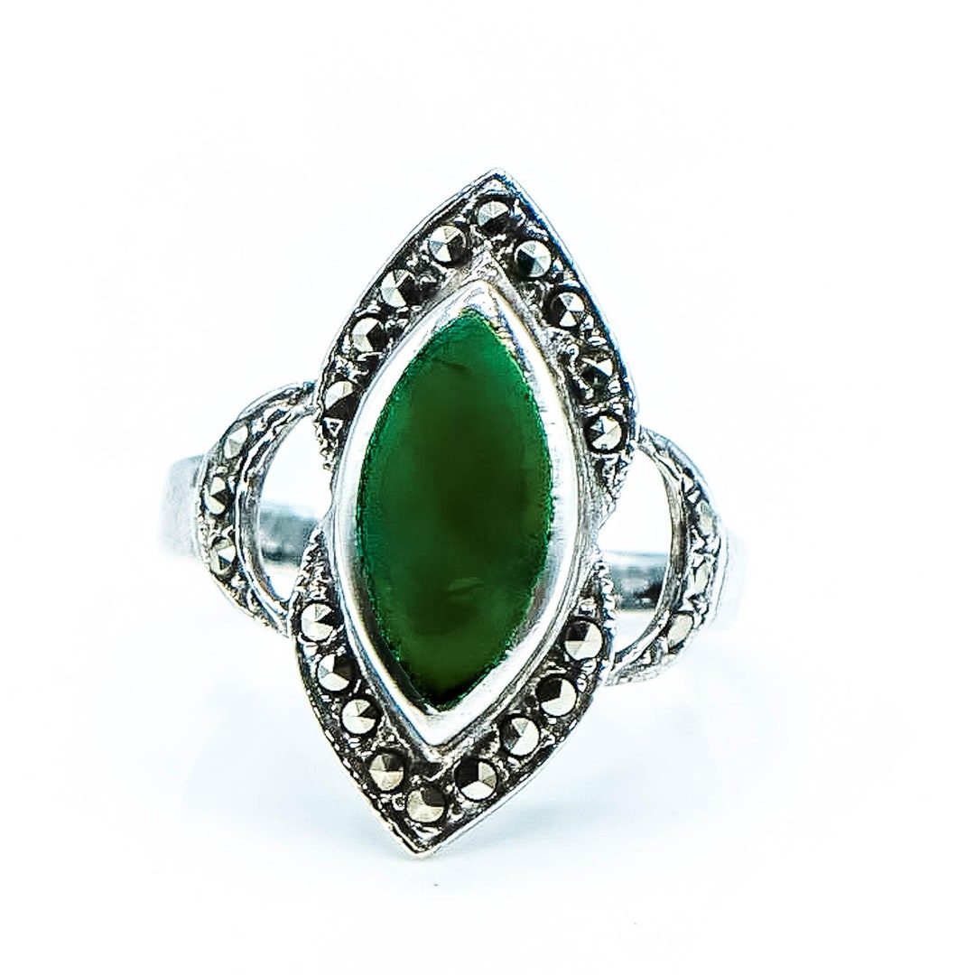 Vintage Sterling Silver Nephrite Jade and Marcasite Ring Size 8 - Etsy