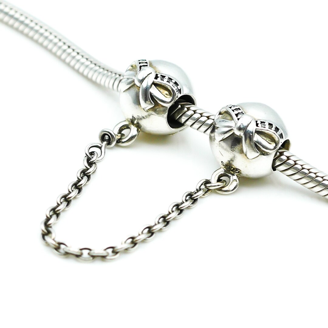 PANDORA RARE Dainty Bow Sterling Silver Safety Chain With Clear Cubic ...