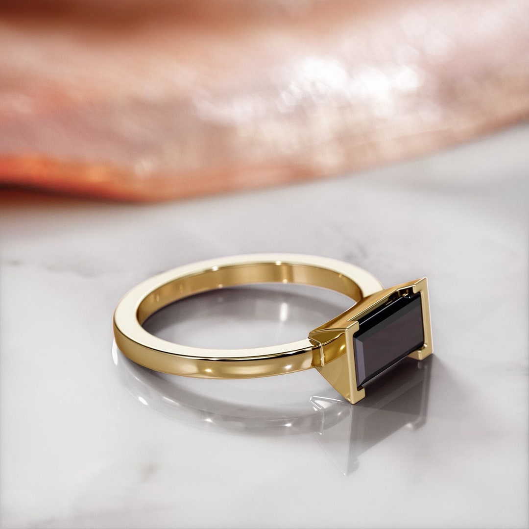 Black Emerald Cut Horizontal Ring, Unique Bezel Engagement, Black ...