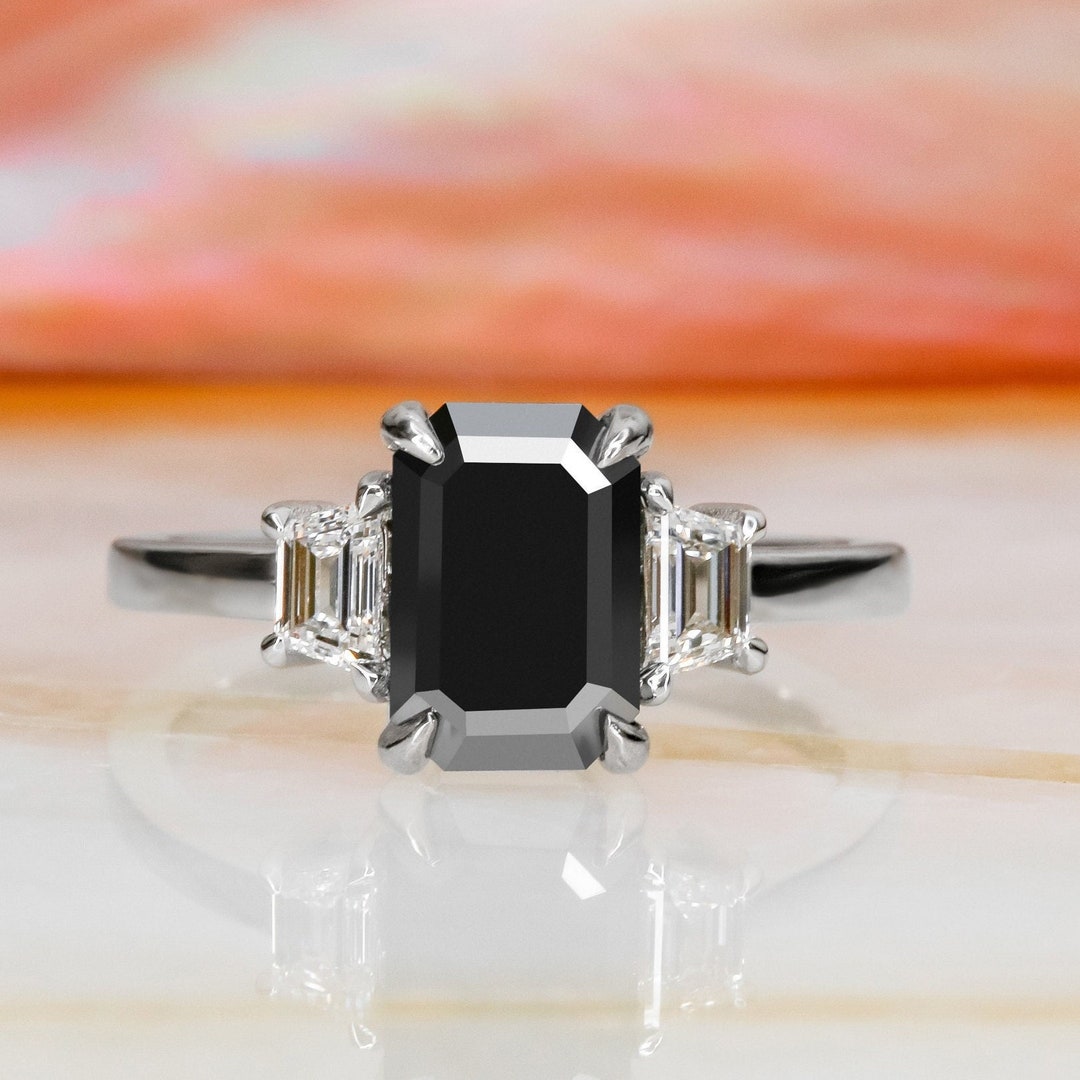 Black Emerald Cut Engagement Ring With Trapezoids Side Stones, 14K ...