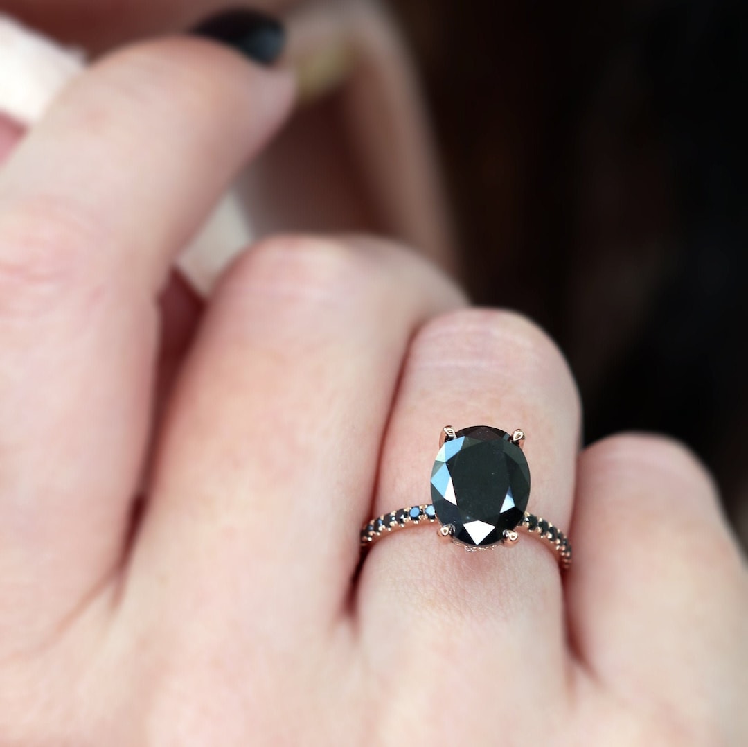 Black Oval Engagement Ring, Black Diamond Engagement Ring, Rose Gold ...