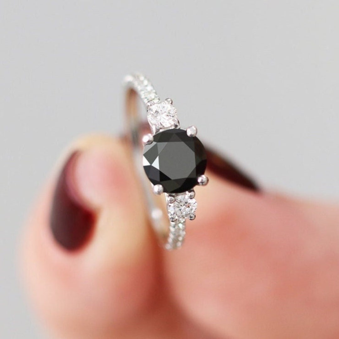 Black Round Diamond Ring, Three Stone Engagement Ring, 1.85 Carat ,14k ...