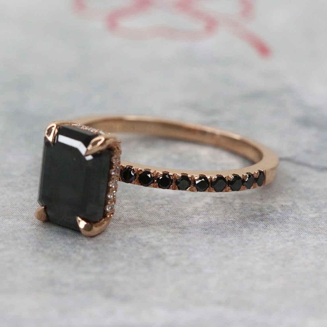 Black Emerald Cut Engagement Ring Black Diamond Gold Ring | Etsy