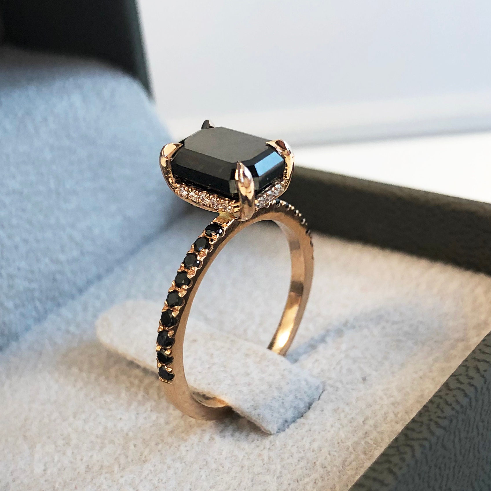 Black Emerald Cut Engagement Ring Black Diamond Gold Ring | Etsy