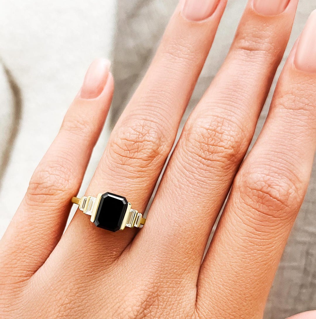 Emerald Cut Black Diamond Ring, Black Diamond Jewelry, 14k Yellow Gold ...