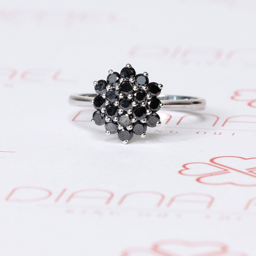 Black Flower Ring, Black Diamond Cluster Ring - Etsy