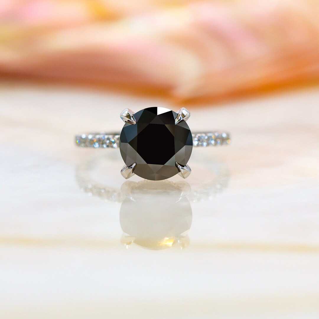 Black Solitaire Round Diamond White Gold Alternative Engagement Ring, 2 ...