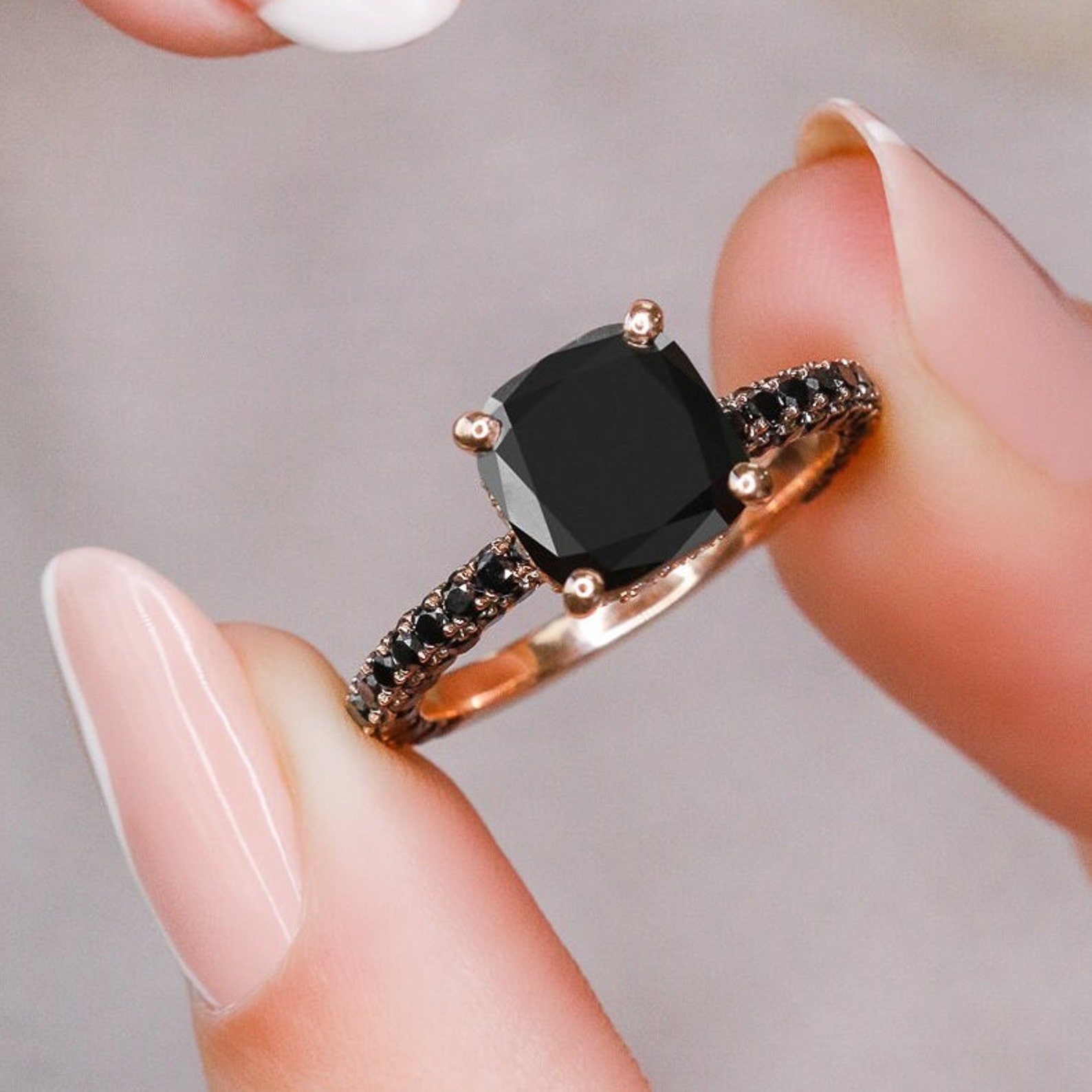 Black Engagement Ring Square Black Natural Diamond Three - Etsy