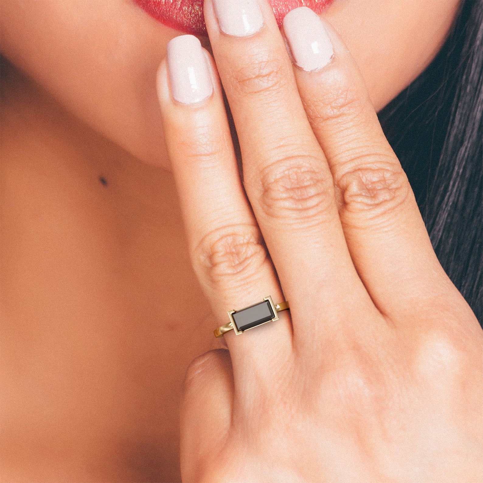 Black Emerald Cut Horizontal Ring, Unique Bezel Engagement, Black ...
