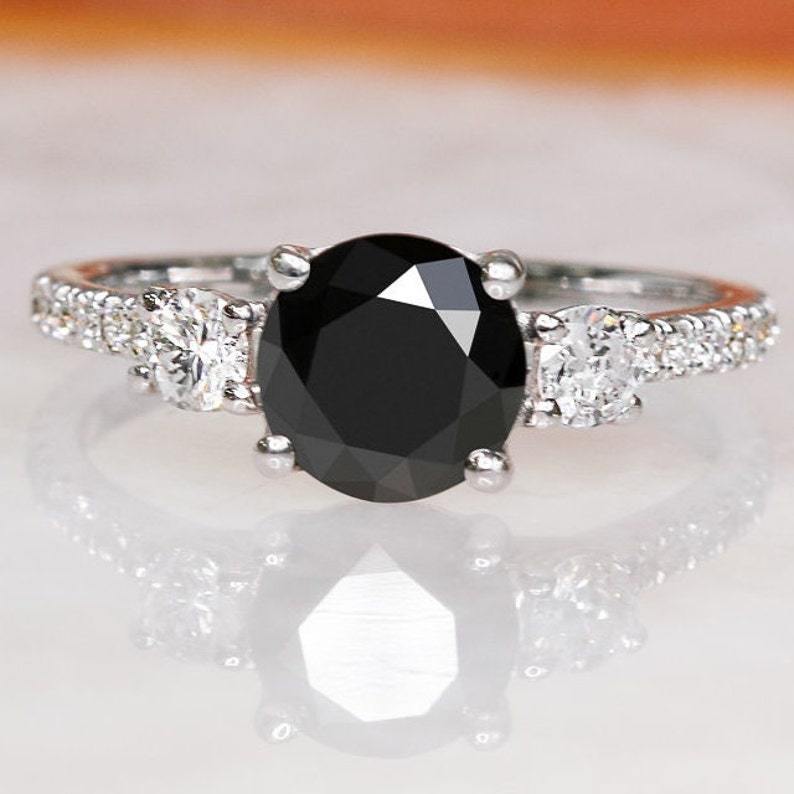 Black Round Diamond Ring Three Stone Engagement Ring 1.85 - Etsy