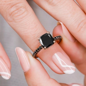 Black Engagement Ring, Square Black Natural Diamond, Three Sided Band ...