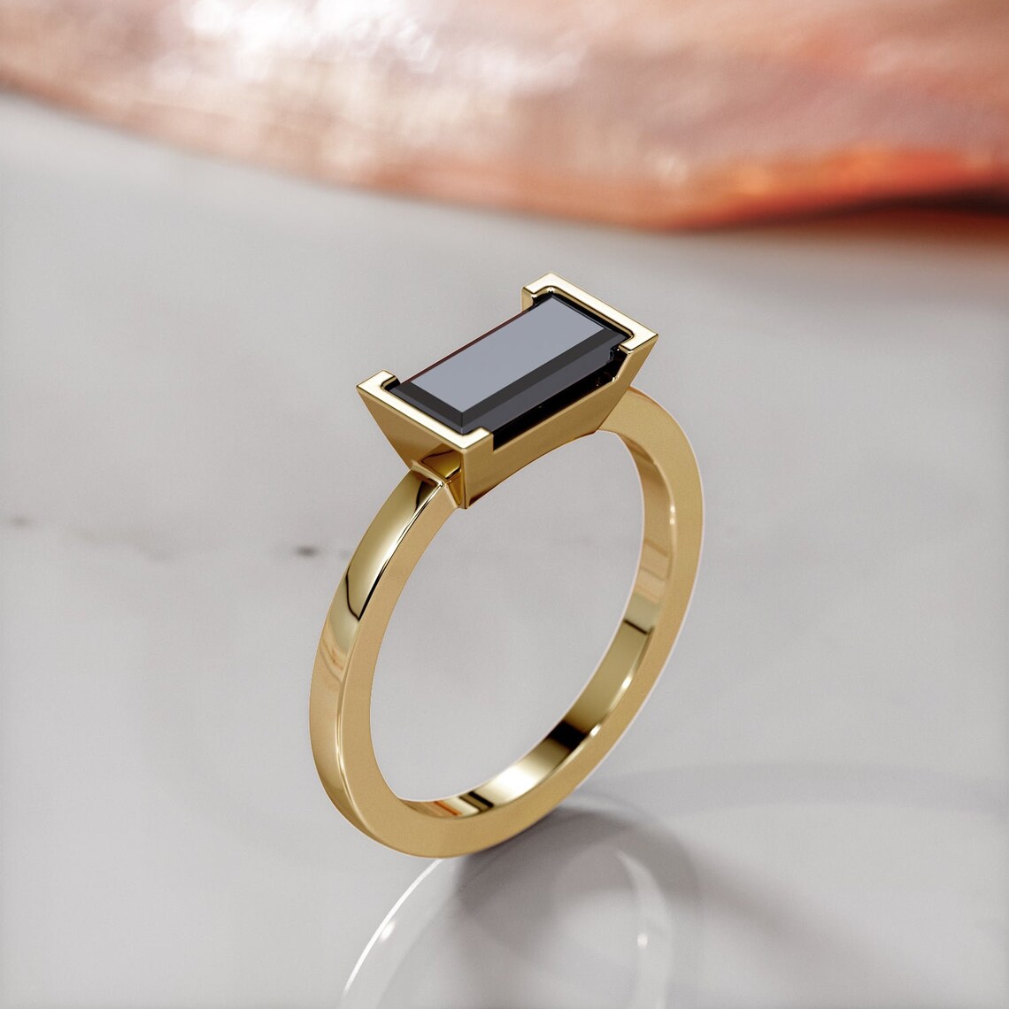 Black Emerald Cut Horizontal Ring, Unique Bezel Engagement, Black Diamond Ring, 14K Yellow Gold ...