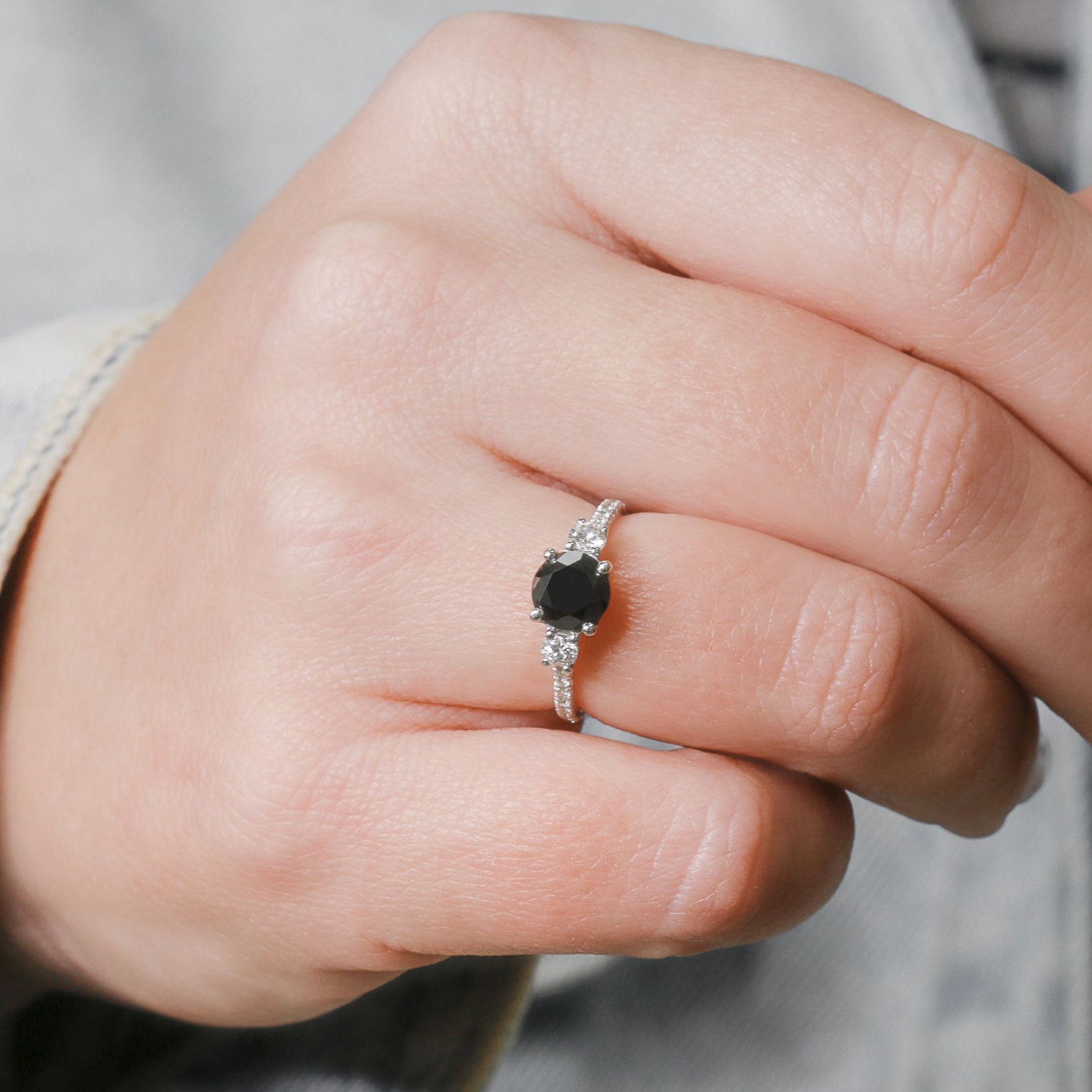 Black Round Diamond Ring Three Stone Engagement Ring 1.85 - Etsy