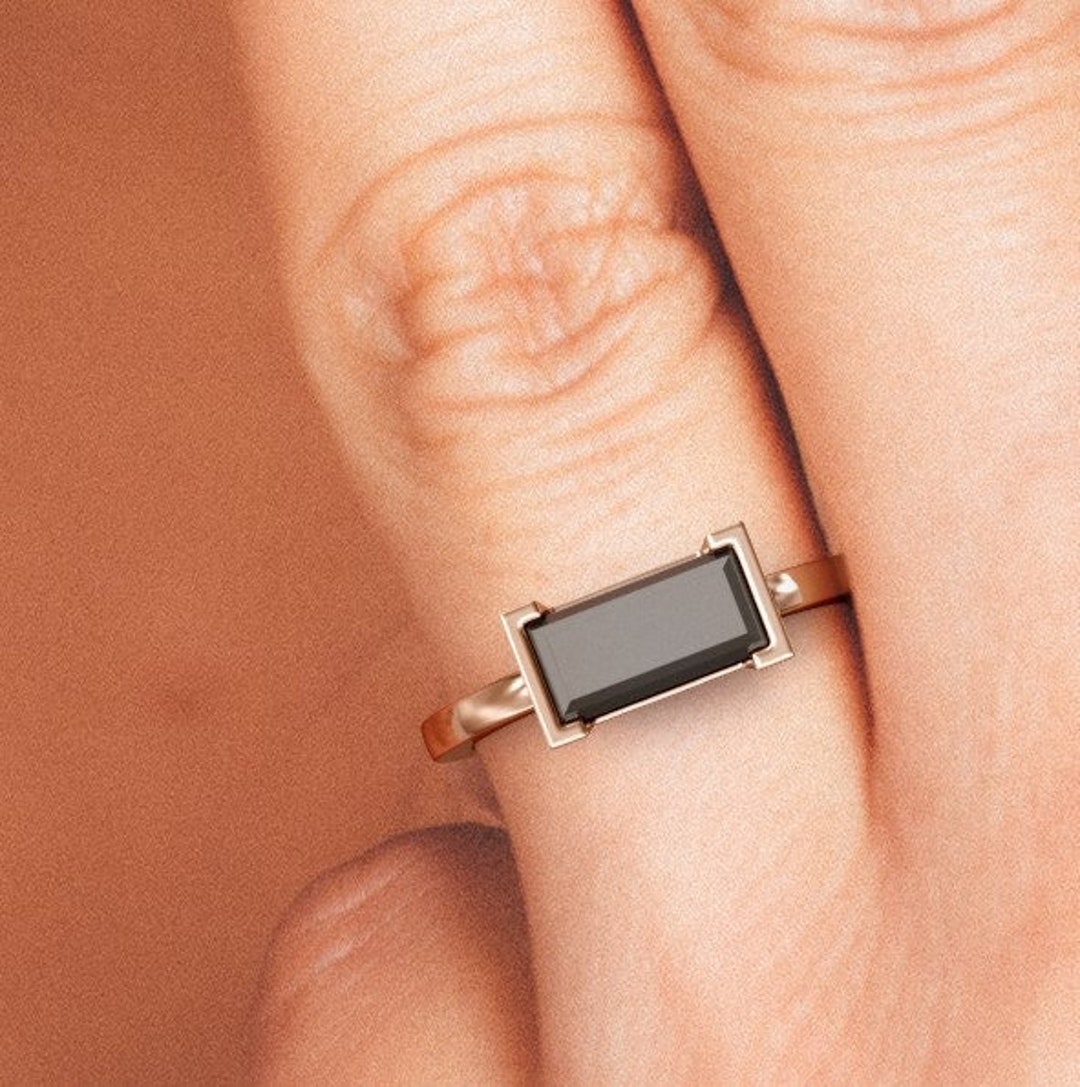 Black Diamond Emerald Cut Ring, East West Horizontal, Unique Bezel ...