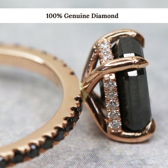 Black Emerald Cut Engagement Ring Black Diamond Gold Ring | Etsy