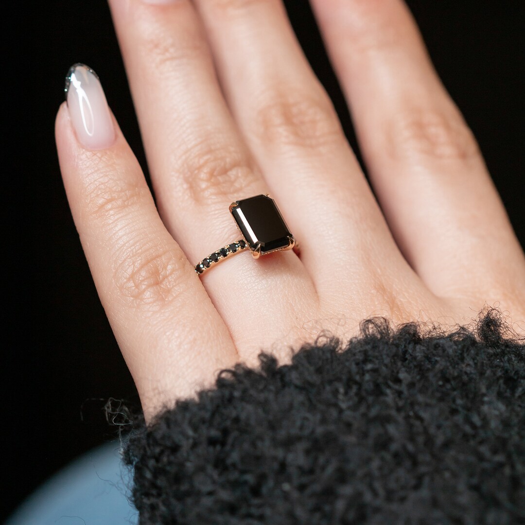 Black Emerald Cut Diamond Ring, Black Diamond Ring, 14k Rose Gold ...