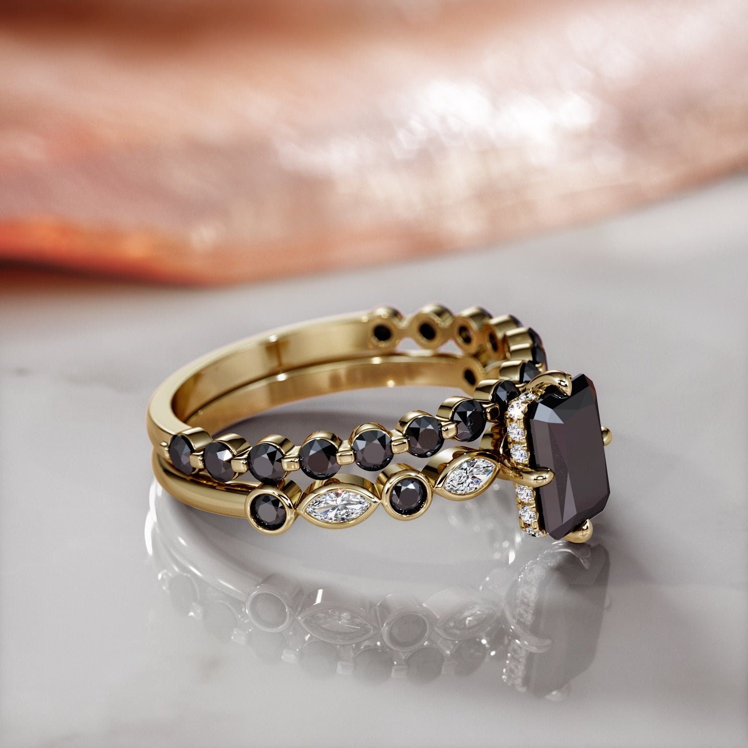 Black Emerald Set Black Diamond Ring Black Wedding - Etsy