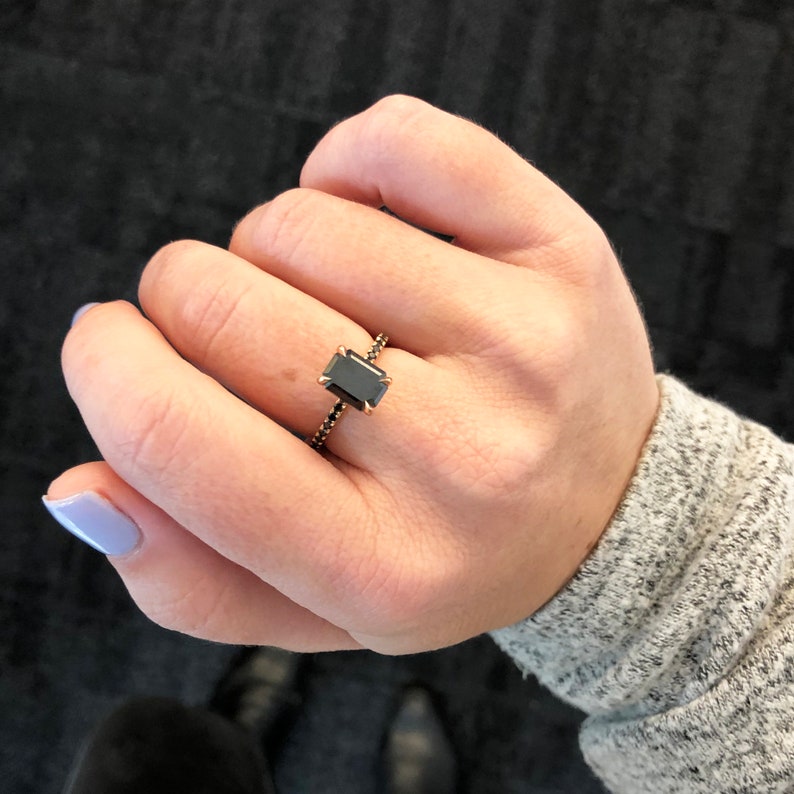 Black Emerald Cut Engagement Ring Black Diamond Gold Ring | Etsy