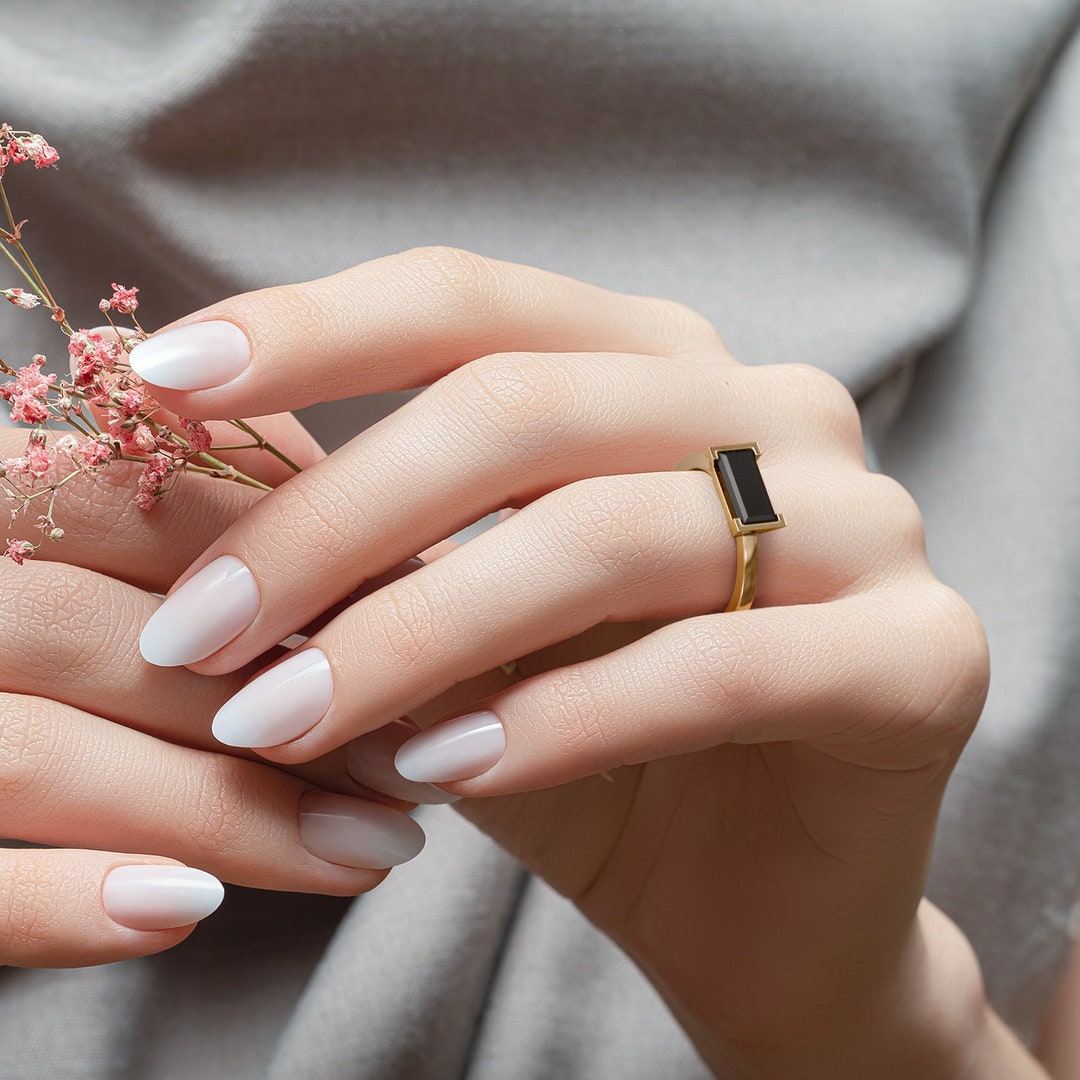 Black Emerald Cut Horizontal Ring, Unique Bezel Engagement, Black ...