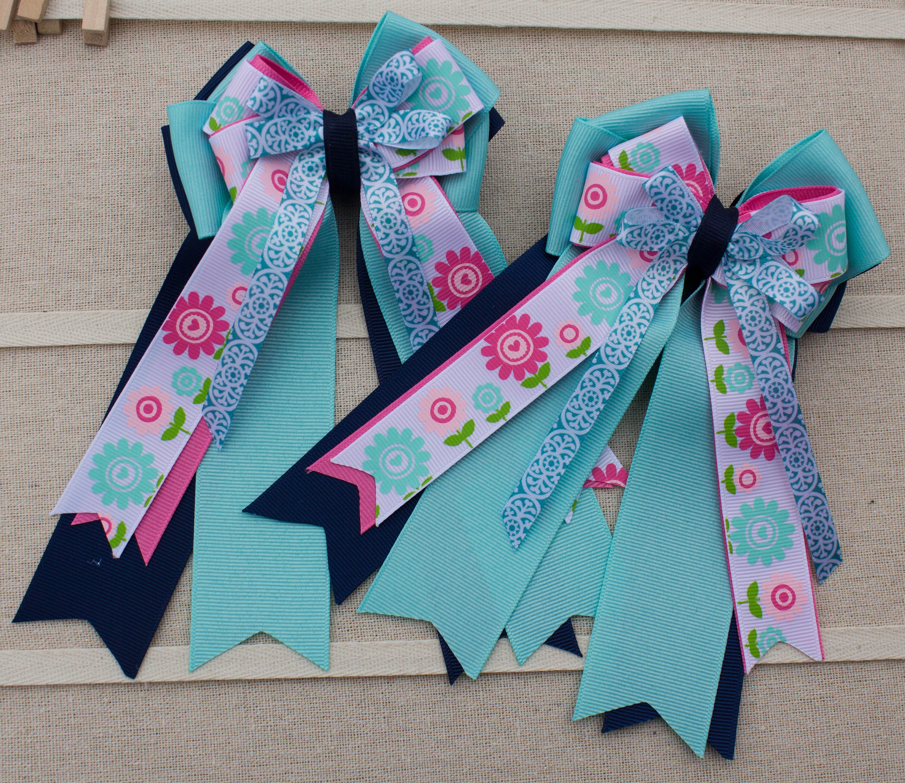 Navy/aqua/pink Floral Equestrian Bows, Equestrian Show Bows, Equestrian ...