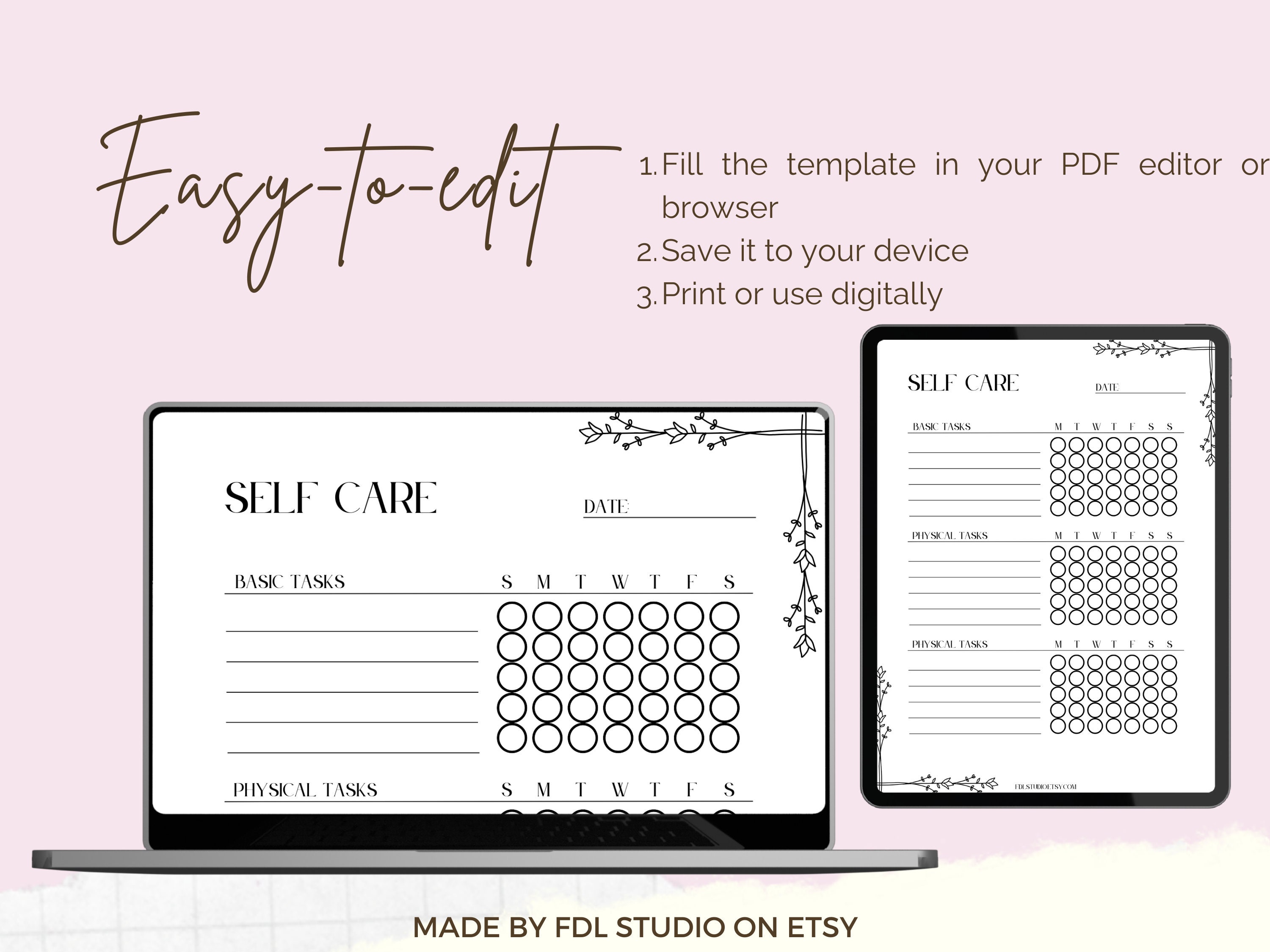 Self Care Tracker and Checklist Printable & PDF Fillable, Daily Self ...