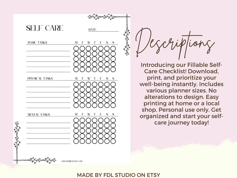Self Care Tracker and Checklist Printable & PDF Fillable, Daily Self ...