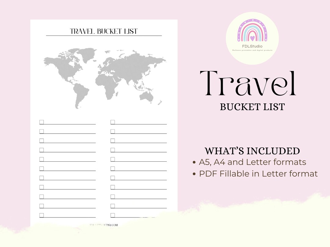 Printable Travel Bucket List, Places to Visit, Travel Wishlist, A4 ...