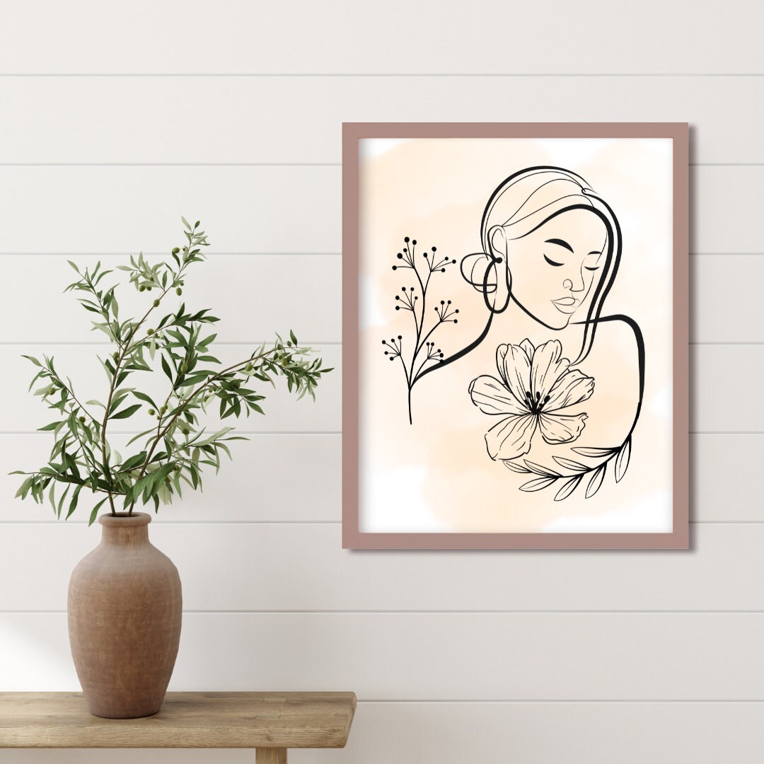 Boho Woman Art Print Woman Line Art Flower Wall Art Boho - Etsy