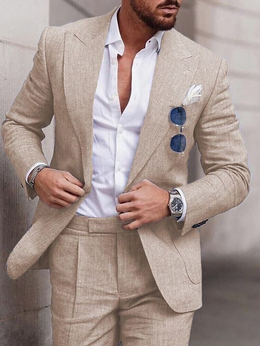 Men Linen 2 Piece Beige Wedding Suit, Summer Suit, Wedding Suits,men ...