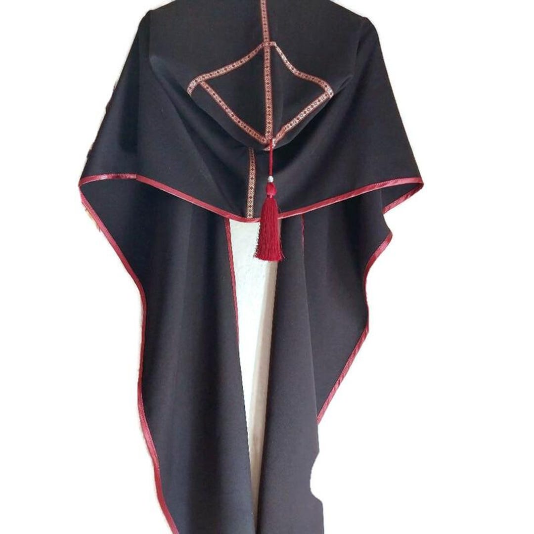 Wool Blend Hooded Scarf, Black Kabalakhi With Red Trim - Etsy