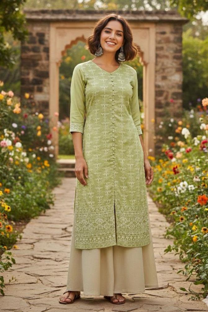 KUPL-2 Embroidered Cotton/linen Sage Green Kurti V‑notch Neck With ...
