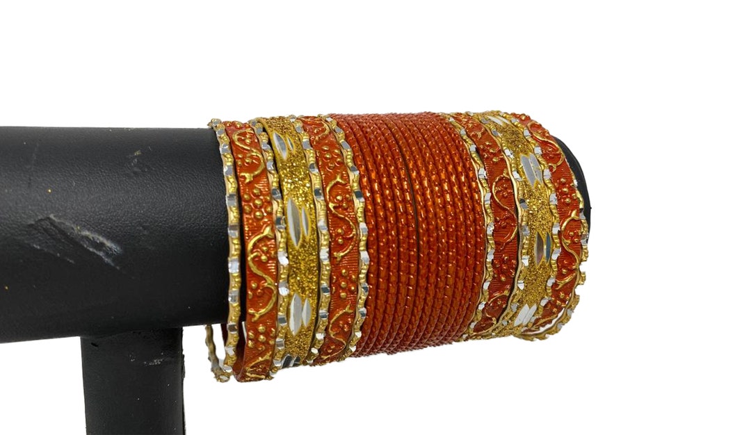 Indian Orange With Gold Metal Bangle Set Churiya Chudiya J23 - Etsy