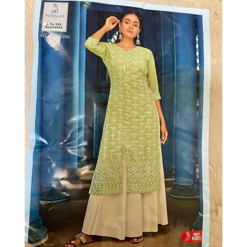 KUPL-2 Embroidered Cotton/linen Sage Green Kurti V‑notch Neck With ...