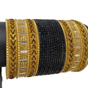 Indian Black With Gold Metal Bangle Set Churiya Chudiya 2.4, 2.6 and 2. ...