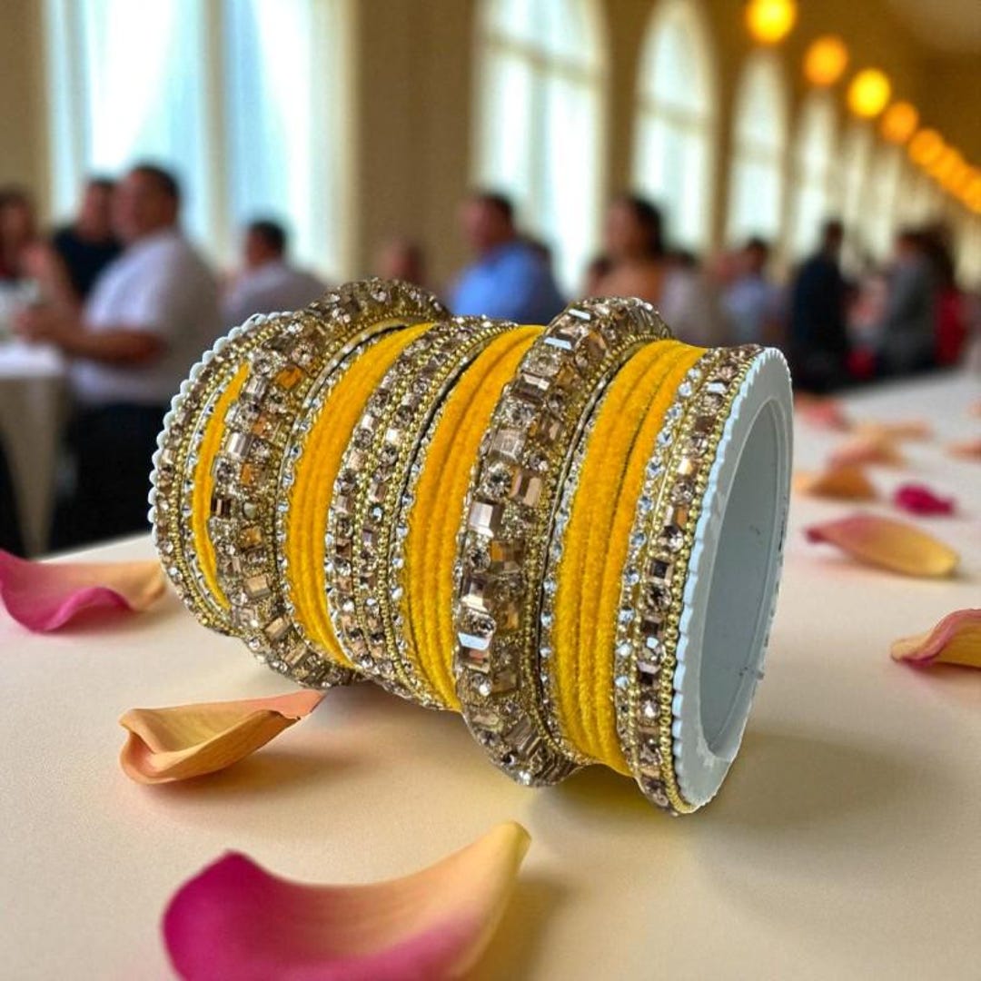 Indian Velvet Metal Bangle Set With Rhinestones Gold Finish Kada Bridal ...