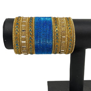 Indian Ferozi Blue With Gold Metal Bangle Set Churiya Chudiya 2.4, 2.6 ...