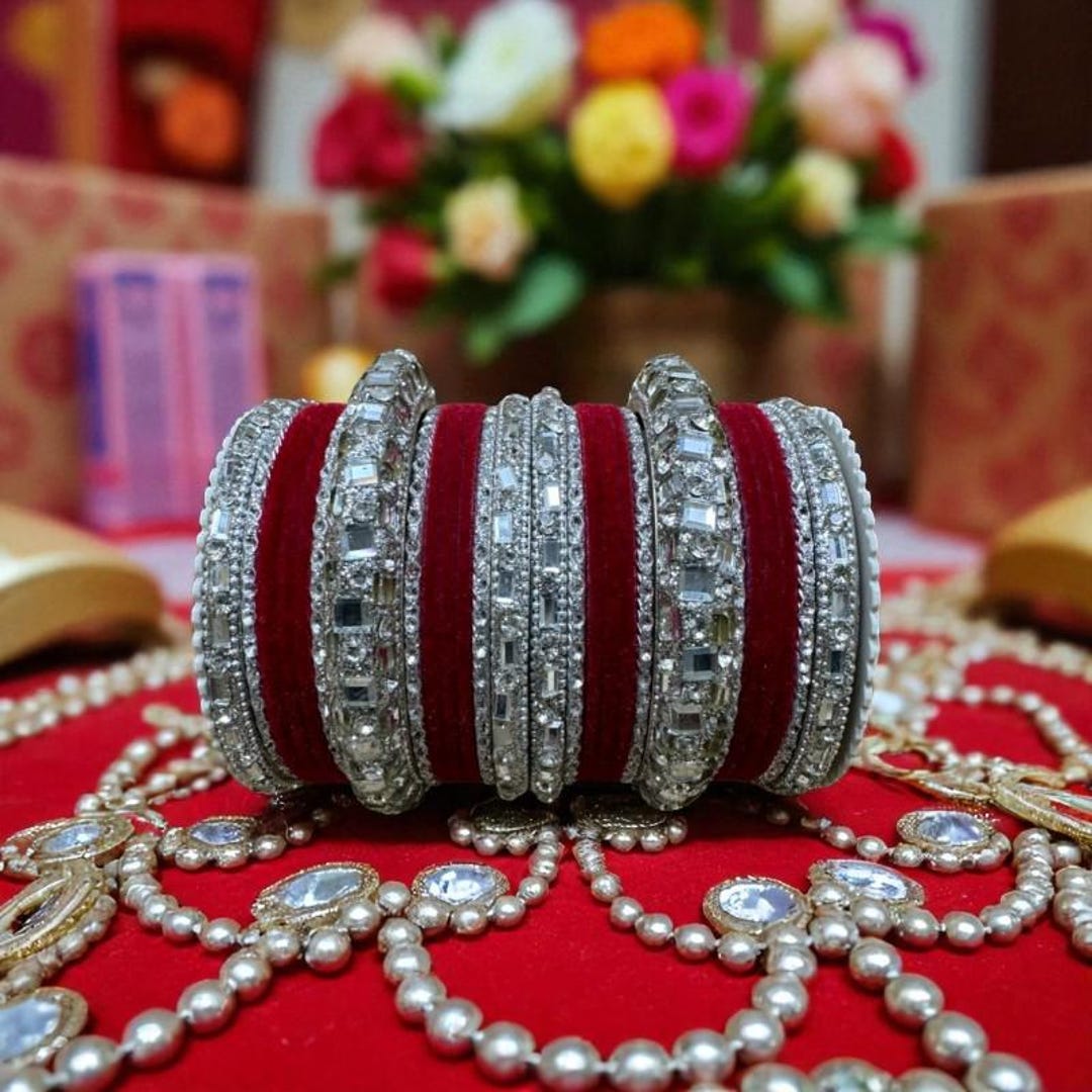 Rhinestone Velvet Bangle Set - Silver Finish Bridal Churiya - Etsy